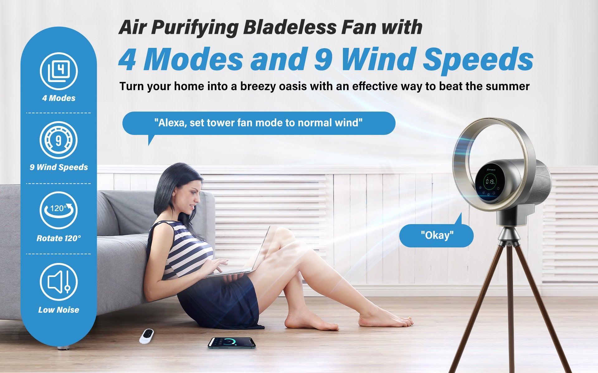 Smart Tripod Fan Air Purifier, TUYA SMART Control, HEPA Filter, and Re ...